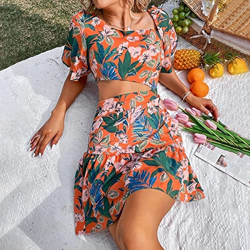 High Slit Women's Square Neck Ruffle Mini Dress Smocked Cut Out Ditsy Floral Backless Puff Short Sleeve Red