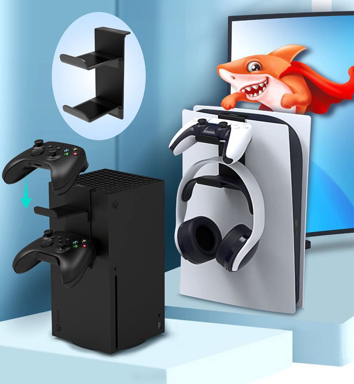 Headphone Hook Holder Stand & Gamepad Controller Stand for PS5, Xbox Series X, Screwless Portable Storage Rack Accessories - Black