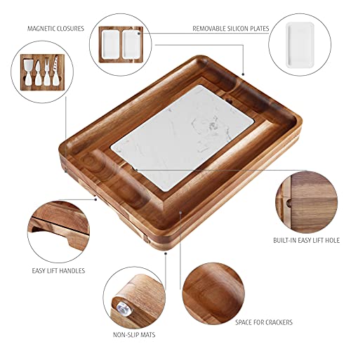 hecef Cheese Board Set Acacia Wood - Large Charcuterie Board with Stainless Steel Knife Set, Thick Wooden Server - Fancy House Warming Gift, Birthday Present & Perfect Choice for Gourmets