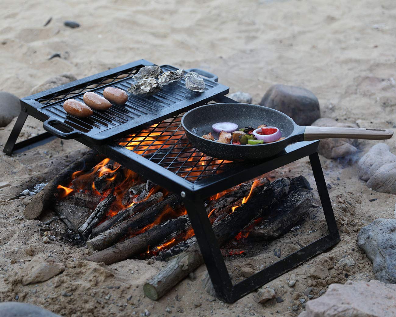 Folding Campfire Grills, Heavy Duty Iron Steel Grate, Portable Over Fire Camp Grill for Outdoor Table Backpacking Hiking Traveling Picnic BBQ