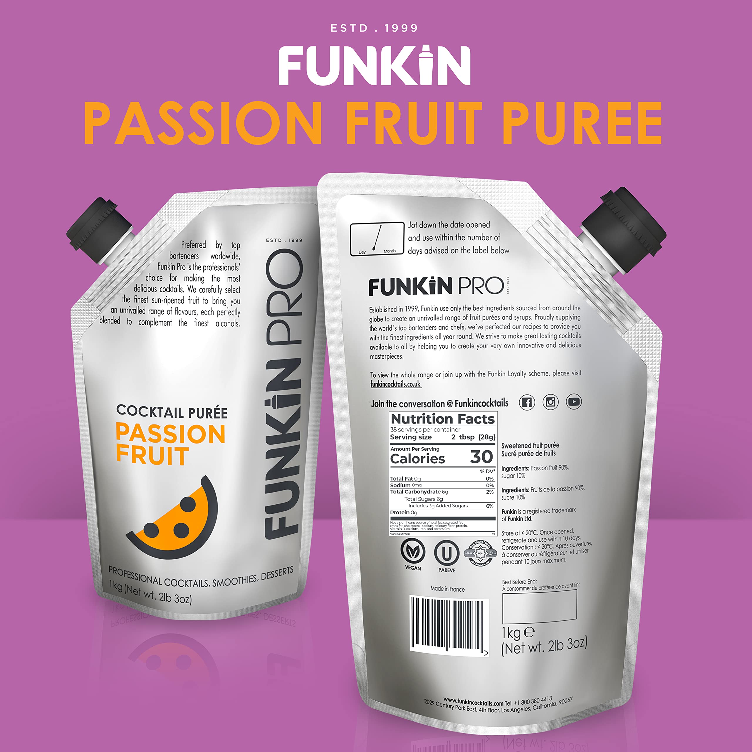 Funkin Passion Fruit Puree | Real Fruit, Two Ingredient, Natural Mixer for Cocktails, Drinks, Smoothies | Vegan, Non-GMO, Gluten-Free (2.2 lbs)