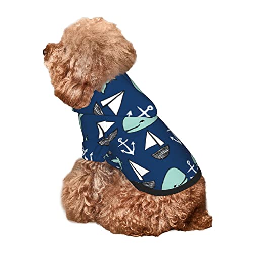 Small Pet Sweaters with Hat Nautical Whale Fish Wheel Anchor Cat Puppy Hoodie Pet Hooded Coat X-Large