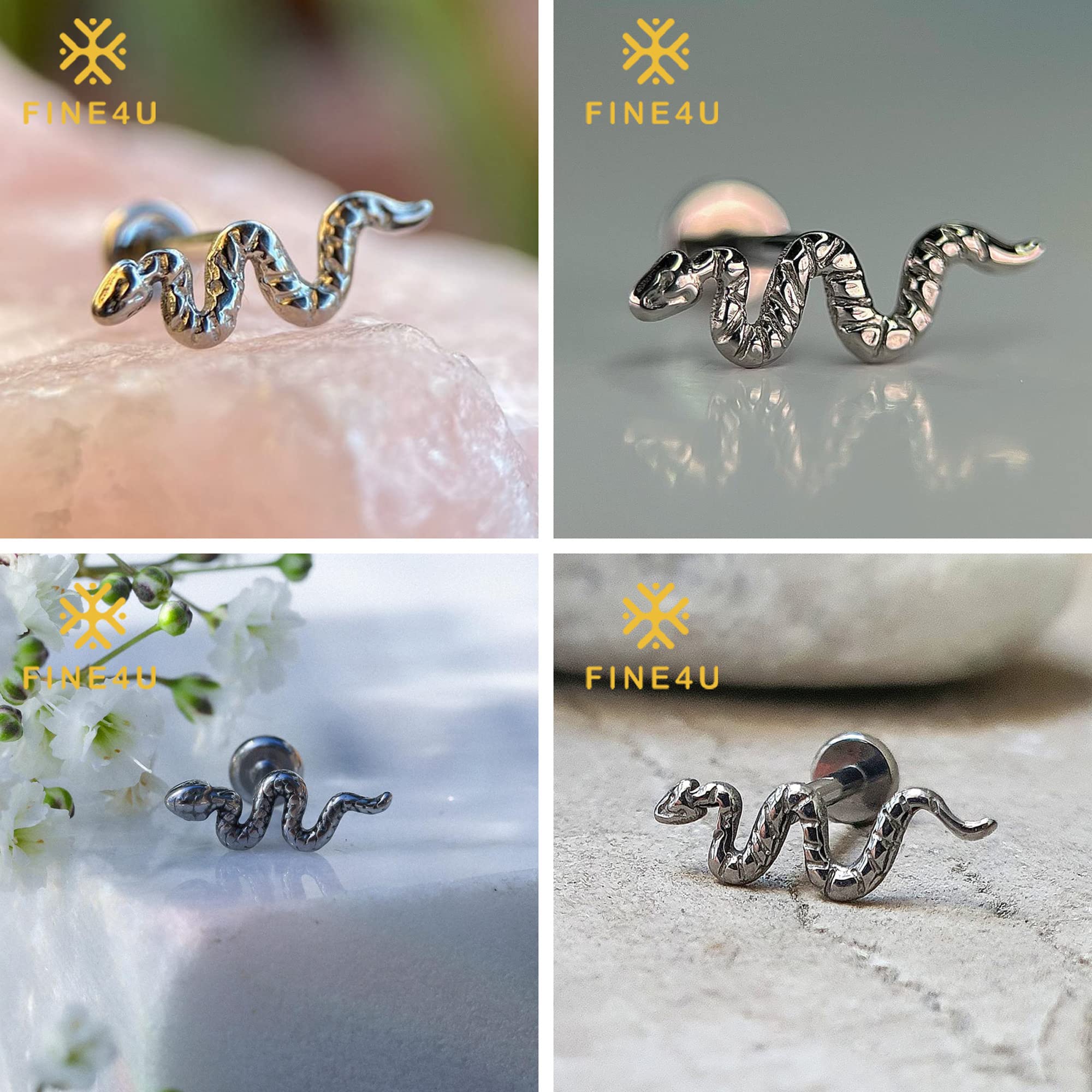 FINE4U 16G Gold Snake Piercing Jewelry for Conch, Tragus, Helix - ASTM F136 Titanium Hypoallergenic Cartilage Earring, Internally Threaded Nickel Free Flat Back Stud