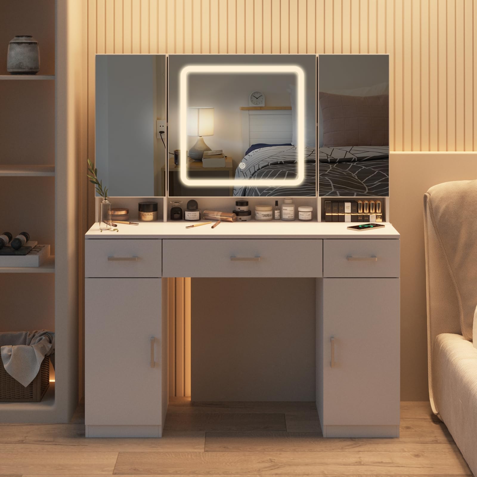 Vabches Vanity Desk with 3 Opening Mirrors and LED Lights, Makeup Vanity Table with 10 Storage Shelves, 3 Large Drawers and 2 Cabinets, 45.3" Dressing Table with Jewelry Armoire & Power Outlet, White
