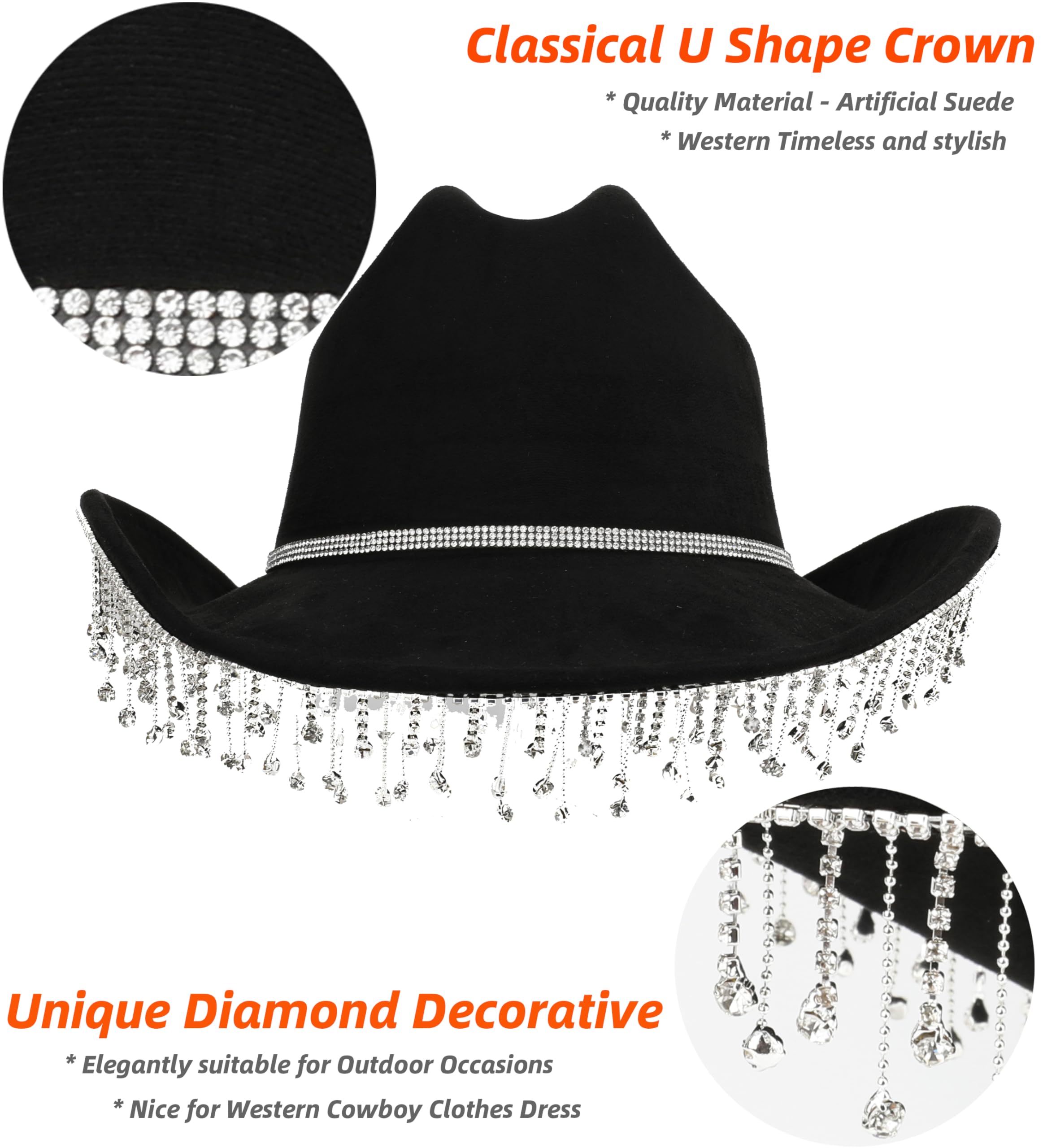 Melesh Women Cowgirl Hat Rhinestone Fringe Bling Western Cowboy Hat (Up-White)