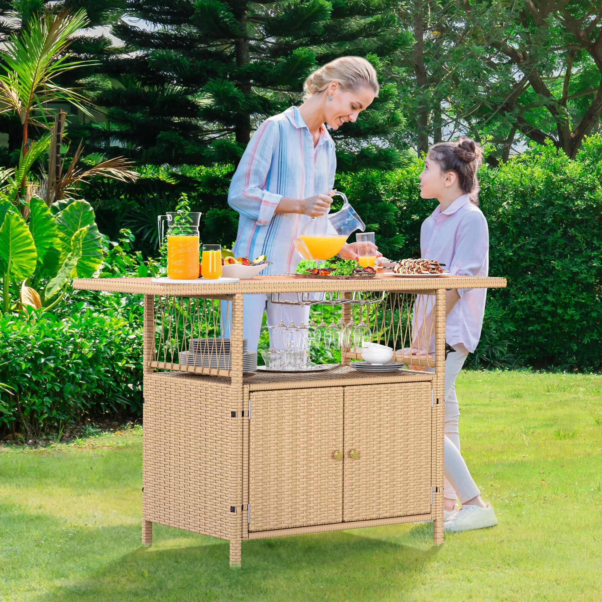 YITAHOME XL Outdoor Storage Cabinet Patio Wicker Bar Table w/Plastic Wood Tabletop, Wine Glass Holders and Built-in Bottle Opener, Light Brown