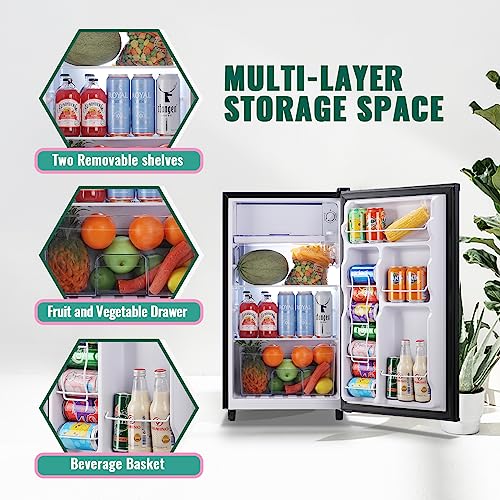 WANAI Compact Refrigerator 3.2 CU.FT Mini Fridge with Freezer Single Door Adjustable Temperature Side Door Wire Rack suit for Dorm Office Apartment BLACK
