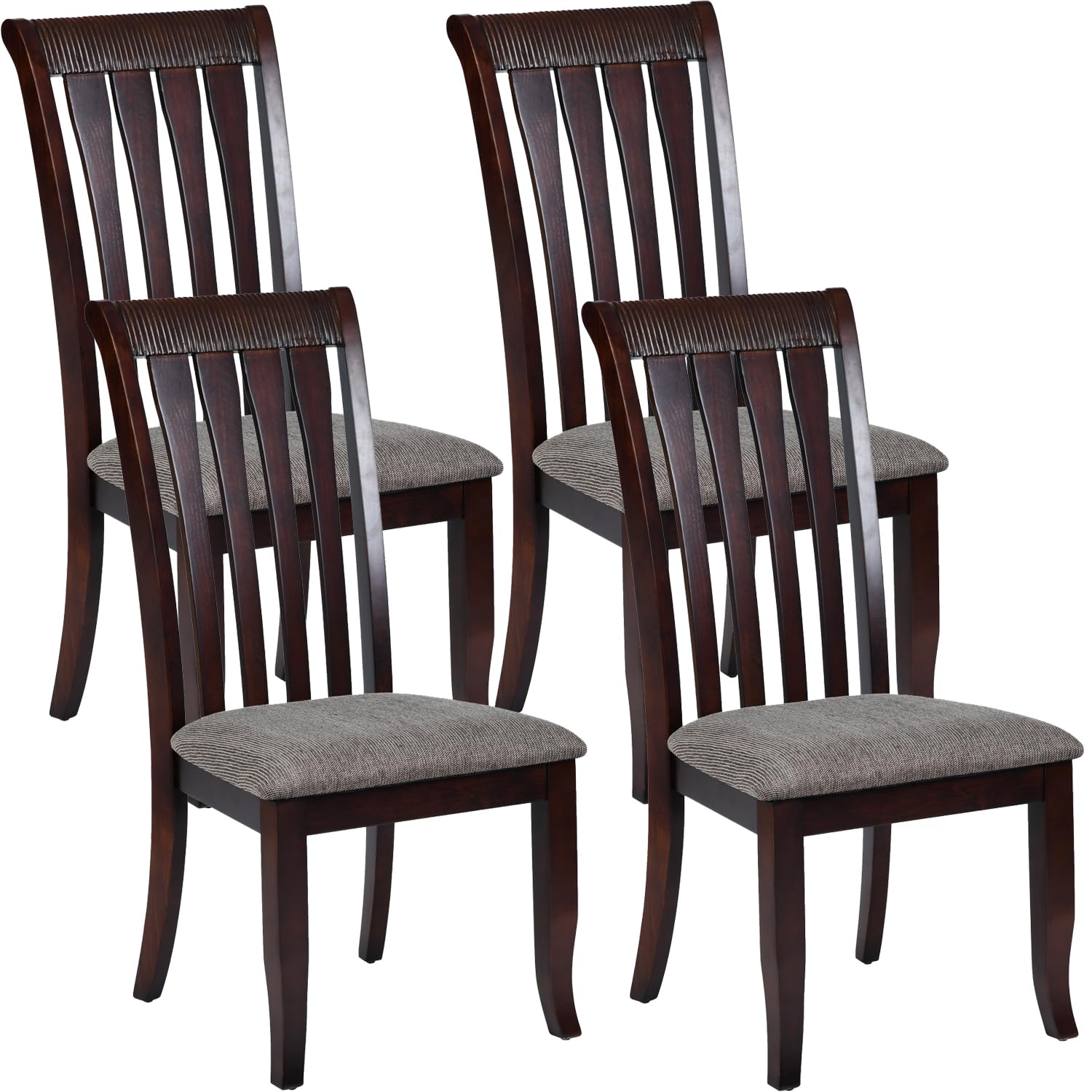 FurnitureR Dining Chairs Set of 4, Wooden Armless Kitchen Chair with Solid Rubber Wood Legs High-Back Dining Room Chairs with Upholstered Padded Cushion, Brown