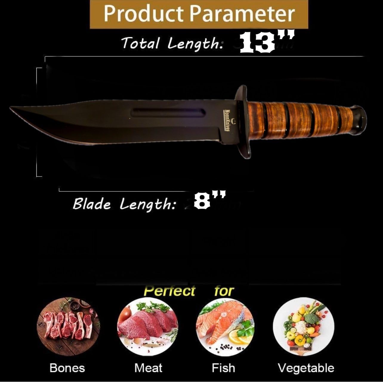 NoonKnives usmc Combat Fighter Knife with Leather Sheath - Stainless Steel Blade, Clip Point, Heat Treated Finish, Stacked Leather Handle, Your Camping and Survival Fixed Blade - Length 13