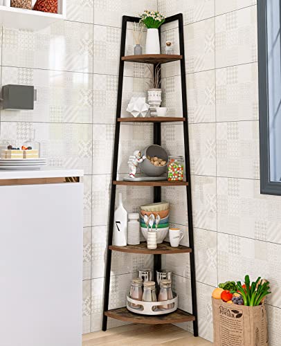 Pshelfy 5-Tier Corner Shelf, Rustic Corner Bookshelf Bookcase Multipurpose Corner Ladder Shelf Plant Stand for Living Room, Kitchen, Home Office Small Space (Brown)