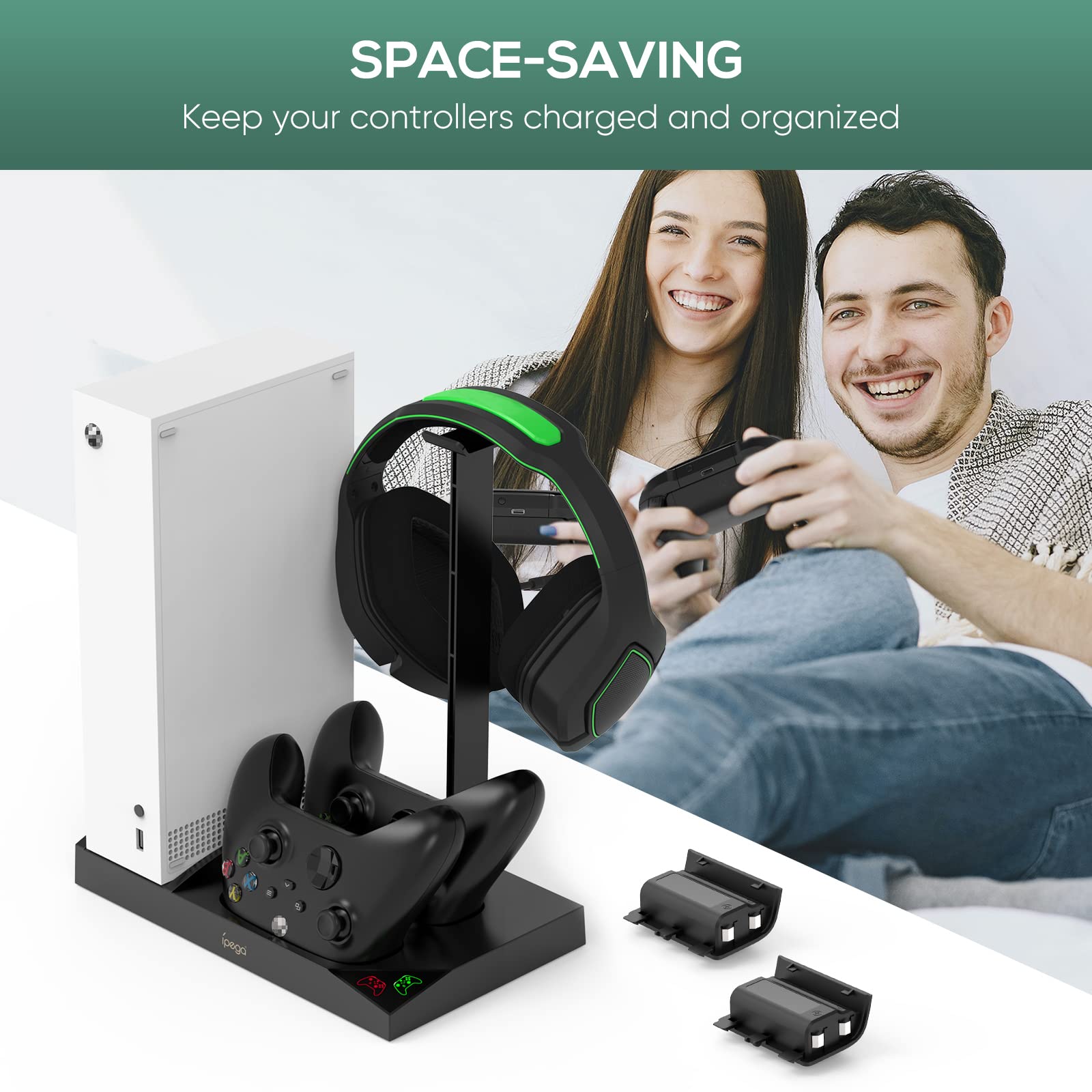 FASTSNAIL Vertical Stand with Cooling Fan for Xbox Series S Charging Station for Xbox Series X/S Controller, 2 Pack 1400mAh Rechargeable Batteries Charging Dock for Controller with Headset Stand