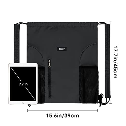 WANDF Drawstring Backpack with Shoulder Pad Sports Gym Backpack with Mesh Pocket String Bag for Women Men(Black)