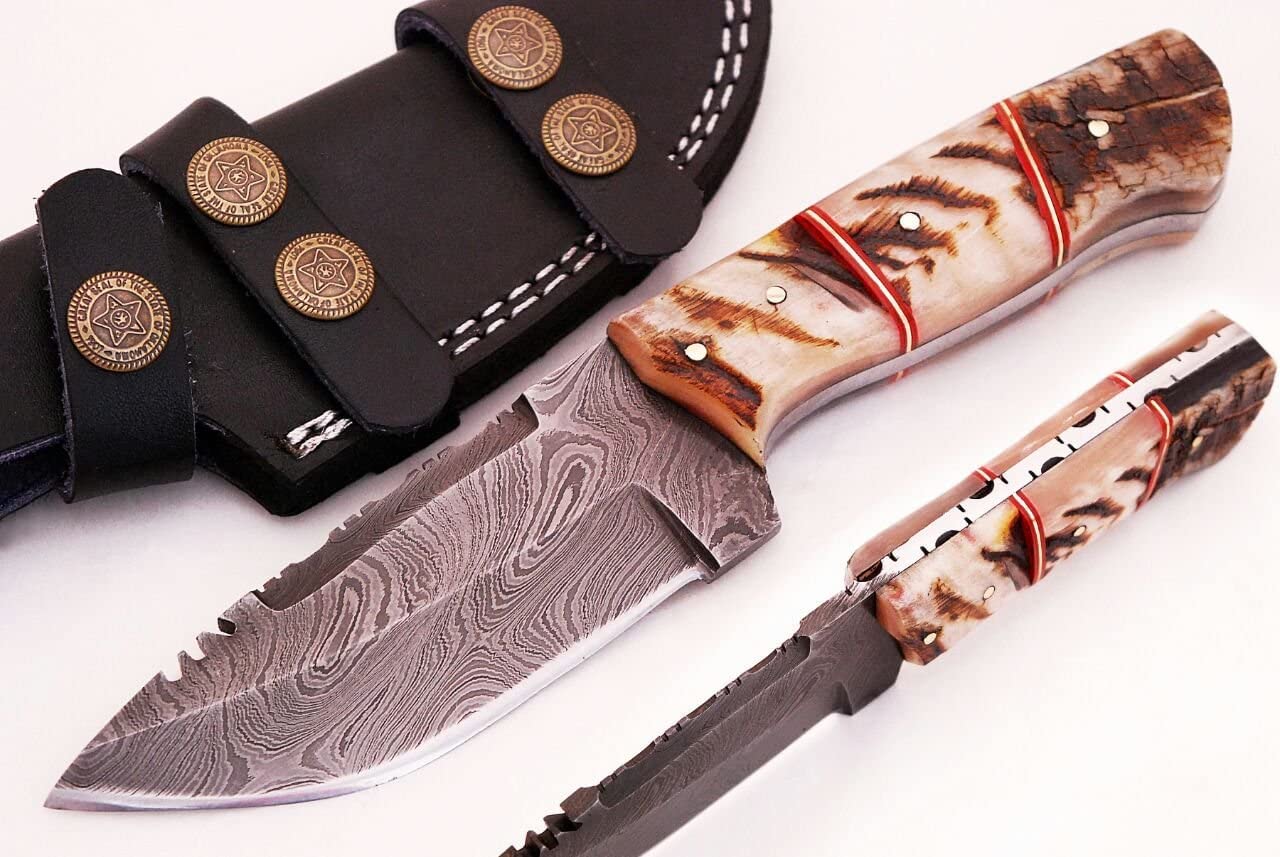 DSK-126 Custom Handmade Damascus Steel 8 inches Wood Handle Full Tang Hunting/Survival Hand forge/Outdoor Tracker Horn Handle Knife