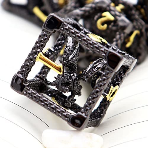 Haxtec Hollow Metal DND Dice Set 7PCs Flying Dragon Rainbow D&D Dice Set with Leather Dice Bag for Dungeons and Dragons TTRPG Gift
