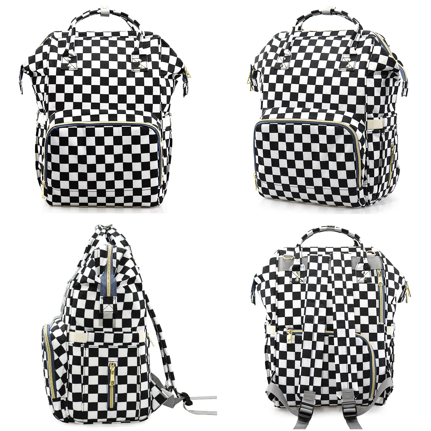 MCWTH Checkered Sunflower Diaper Bag Backpack Set for Baby Girls Mom, Large Capacity Multi-Function Nappy Bags Organizer