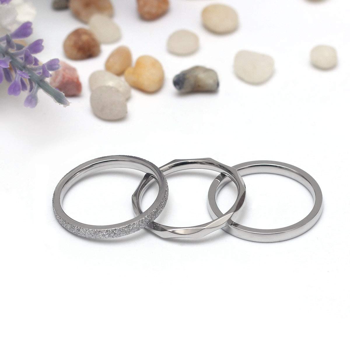 DURSI 2MM Stainless Steel Rings Women's Stackable Eternity Ring Band Engagement Wedding Ring Set 3 PCS (Silver, Size 10)