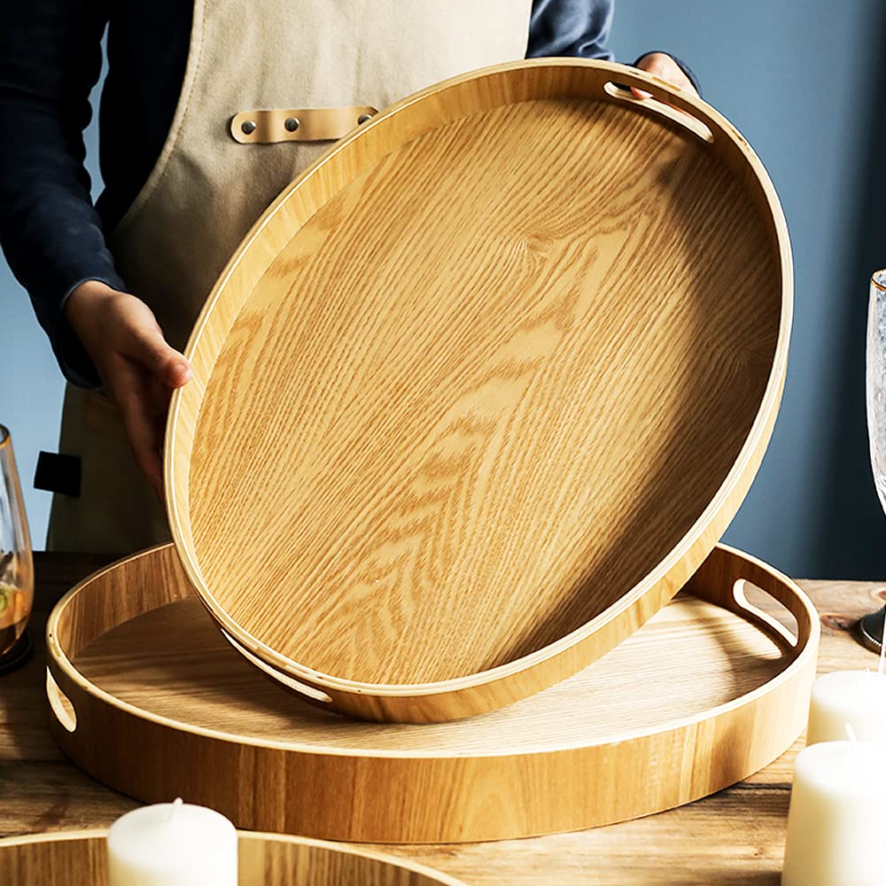 I-lan Oval Serving Tray, Wood Decorative Ottoman Tray, Valet Tray with Handles, Coffee Table Tray Decor for Cocktail, Snack, Bread, Brown (XL: 18")
