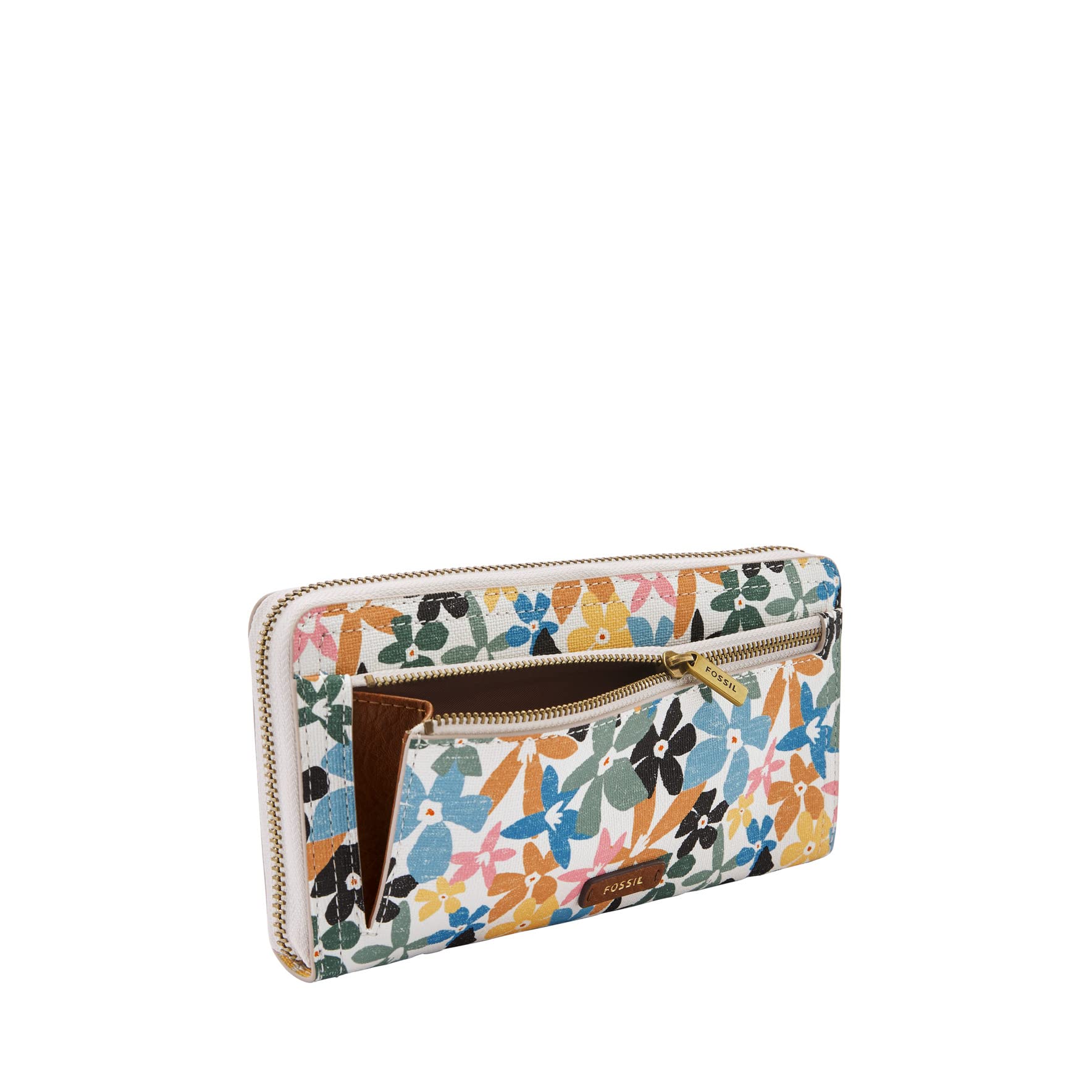 Fossil Women's Logan Faux Leather Wallet RFID Blocking Zip Around Clutch with Wristlet Strap, Flower Power (Model: SL7828729)