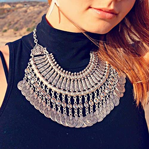Flatser Boho Chunky Necklaces Silver Coin Collar Choker Tassel Statement Chain Prom Party for Women and Girls