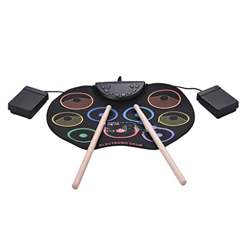 IULJH Portable Mini Digital Electronic Drum Kit 9 Pads Silicone Roll-Up Set Drumsticks Foot Pedal