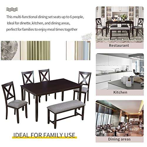 OYN 6-Piece Kitchen Room Sets, Wooden Rectangular Table with 4 Cushion Dining Chairs and Padded Bench,Espresso