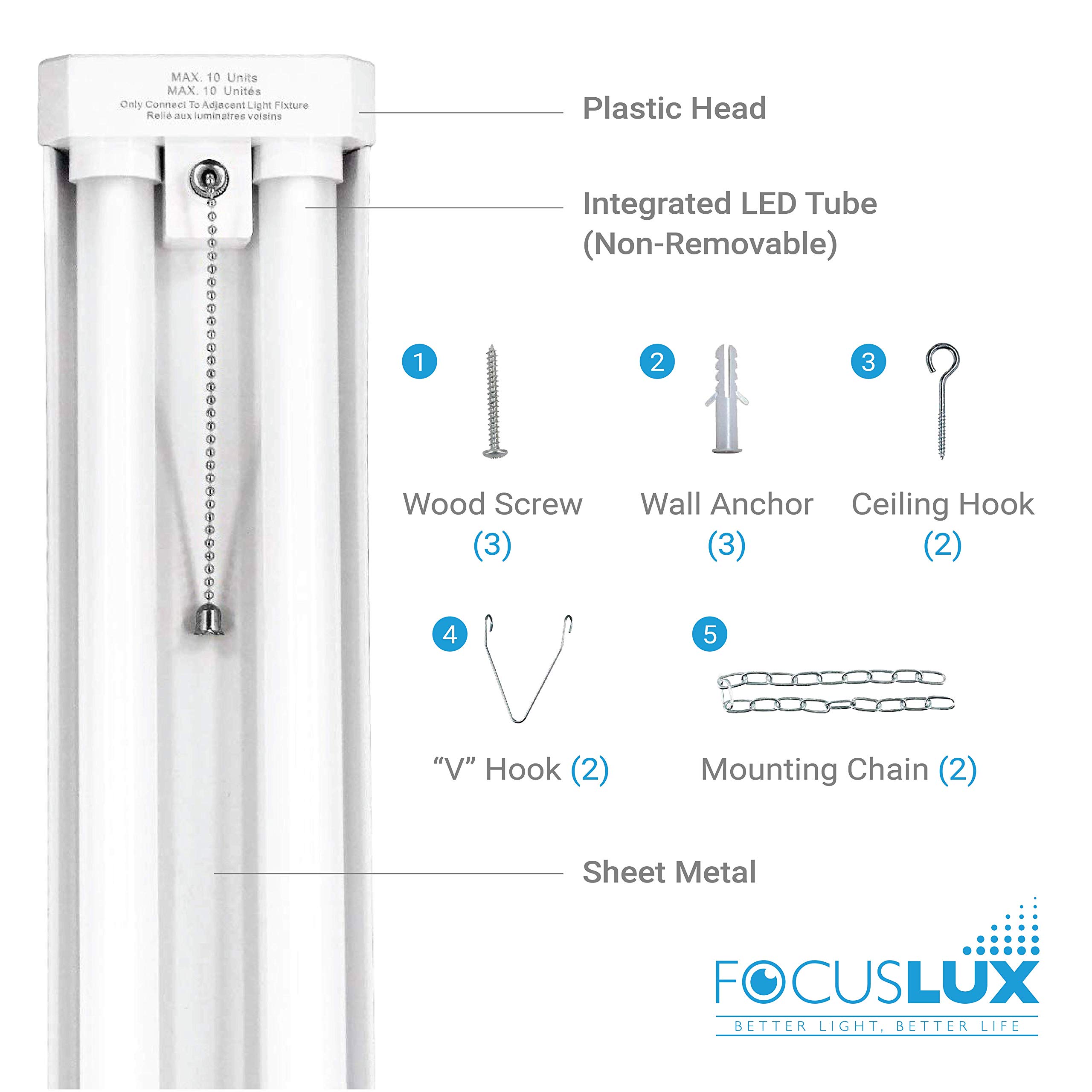 Focuslux Industrial LED Shop Light, 4 FT, Linkable Integrated Fixture, 42W =260W, 5000K Daylight, 4500 LM, Surface + Suspension Mount, Pull Chain, Utility Light, Garage- UL (2 Pack)