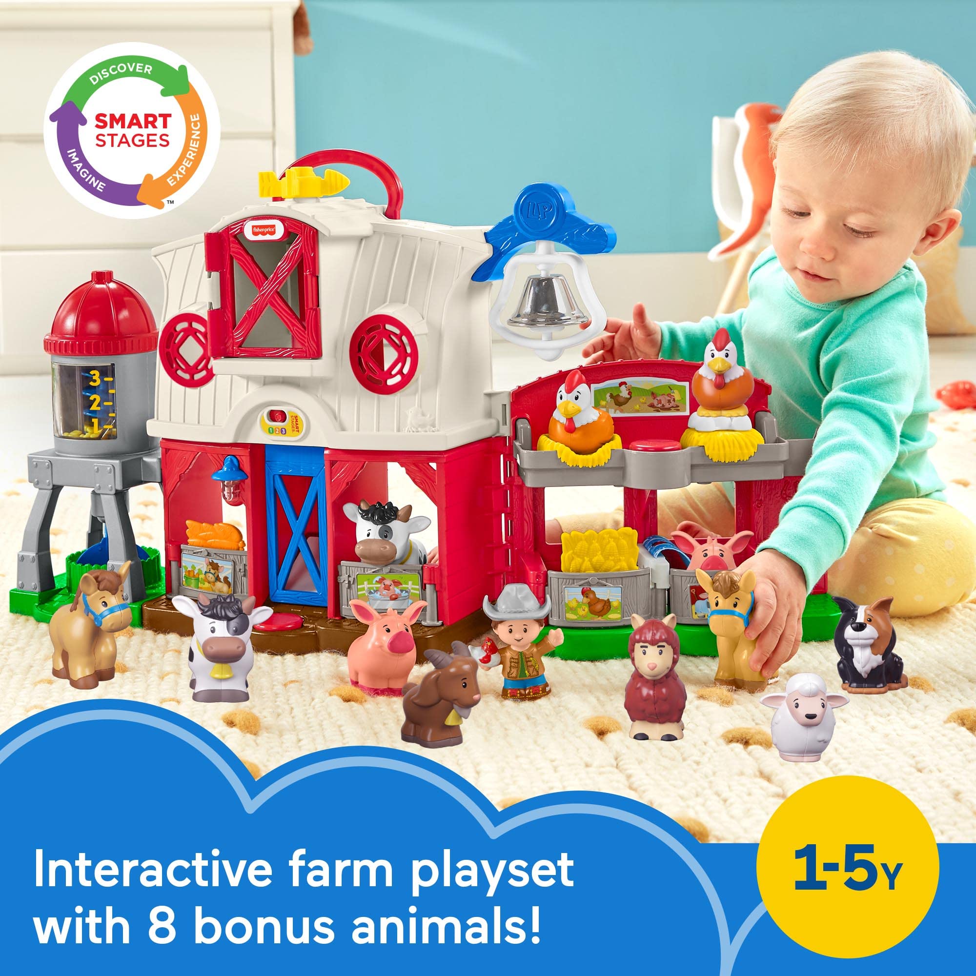 Fisher-Price Little People Caring for Animals Farm Bundle, Electronic Smart Stages playset and Animals Figure Set for Toddlers Ages 1 and u