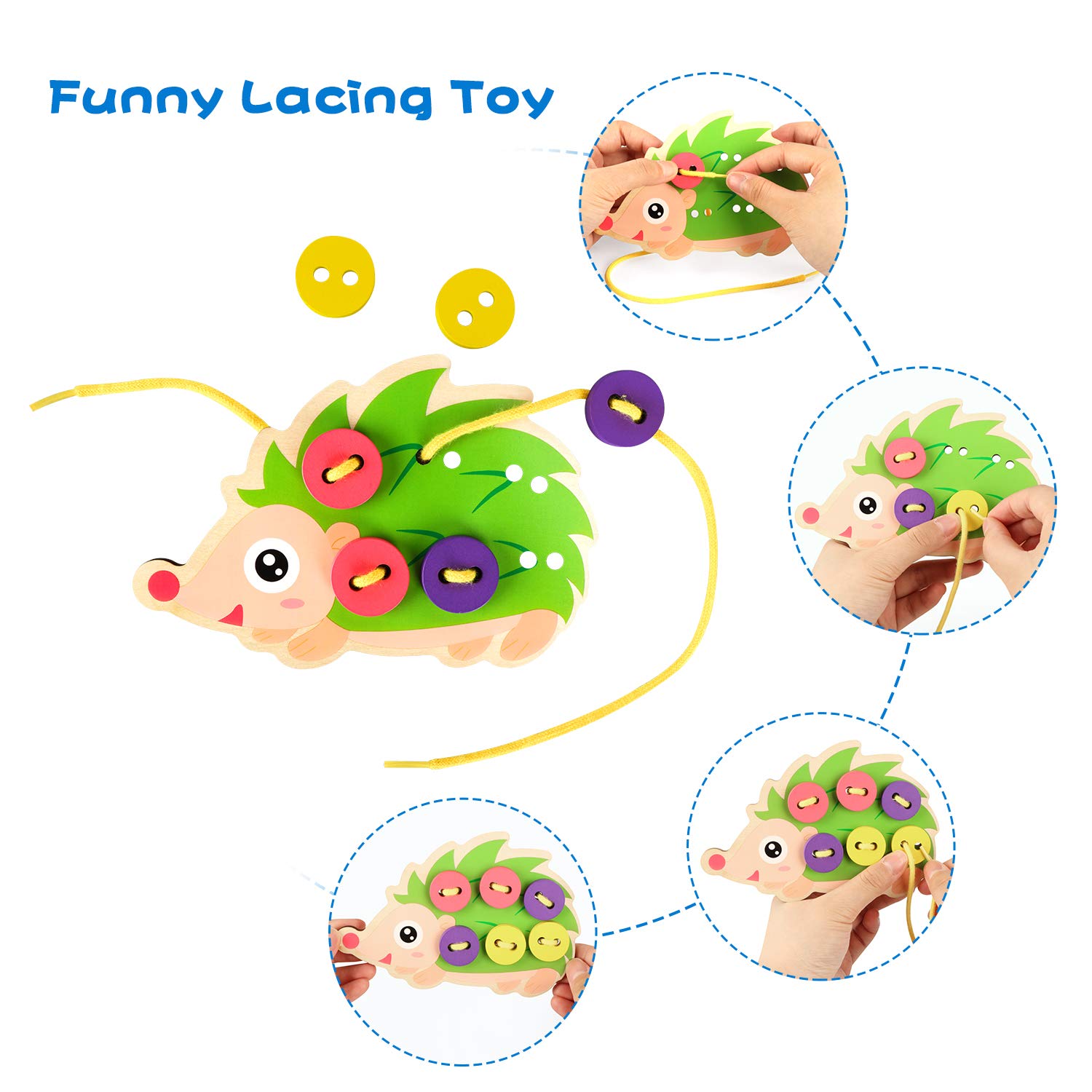 Fansteck 103 Pieces Wooden Pattern Blocks - Shape Puzzles Sorting and Stacking Games, Hedgehog Lacing Toy, Educational Toys for Classroom
