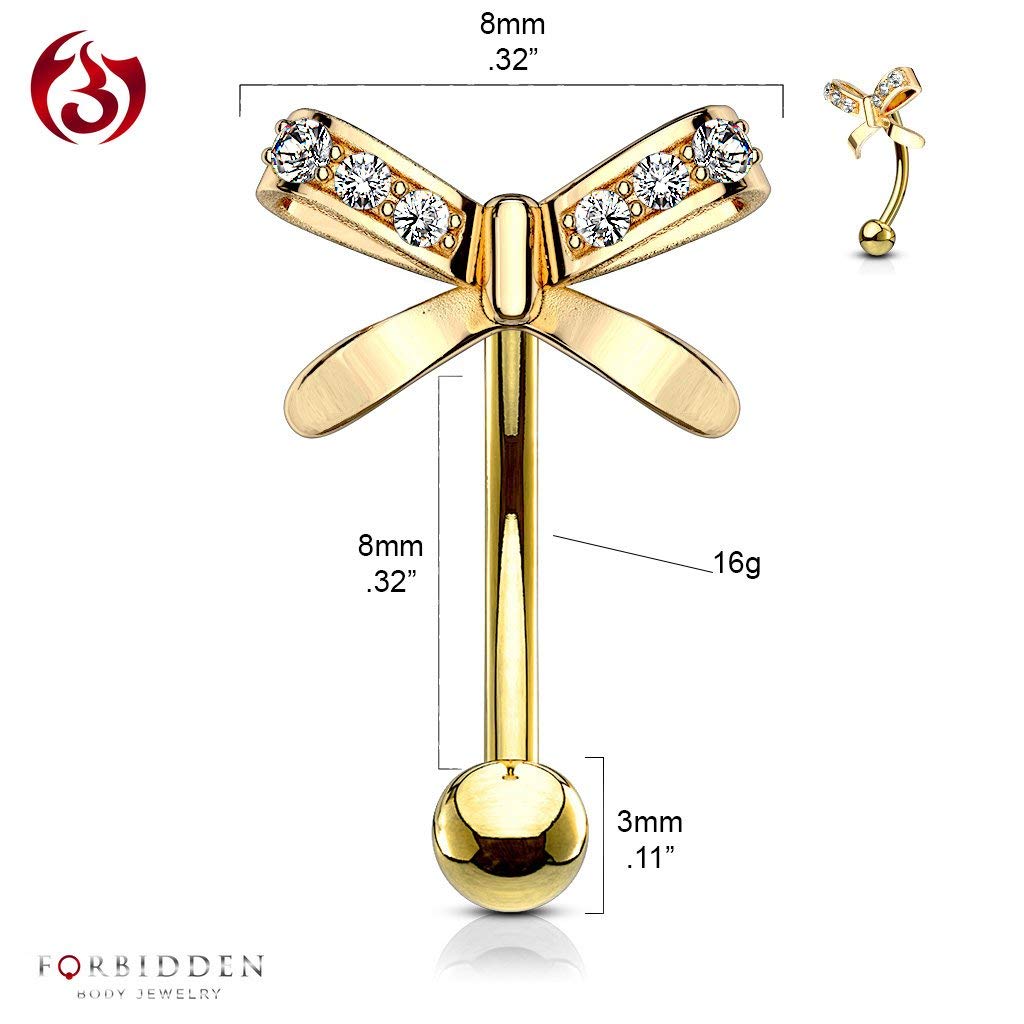 Forbidden Body Jewelry 16g 8mm Curved Barbell for Daith, Eyebrow, Rook & Belly Button with CZ Ribbon Tied Top, Clear/Gold Tone