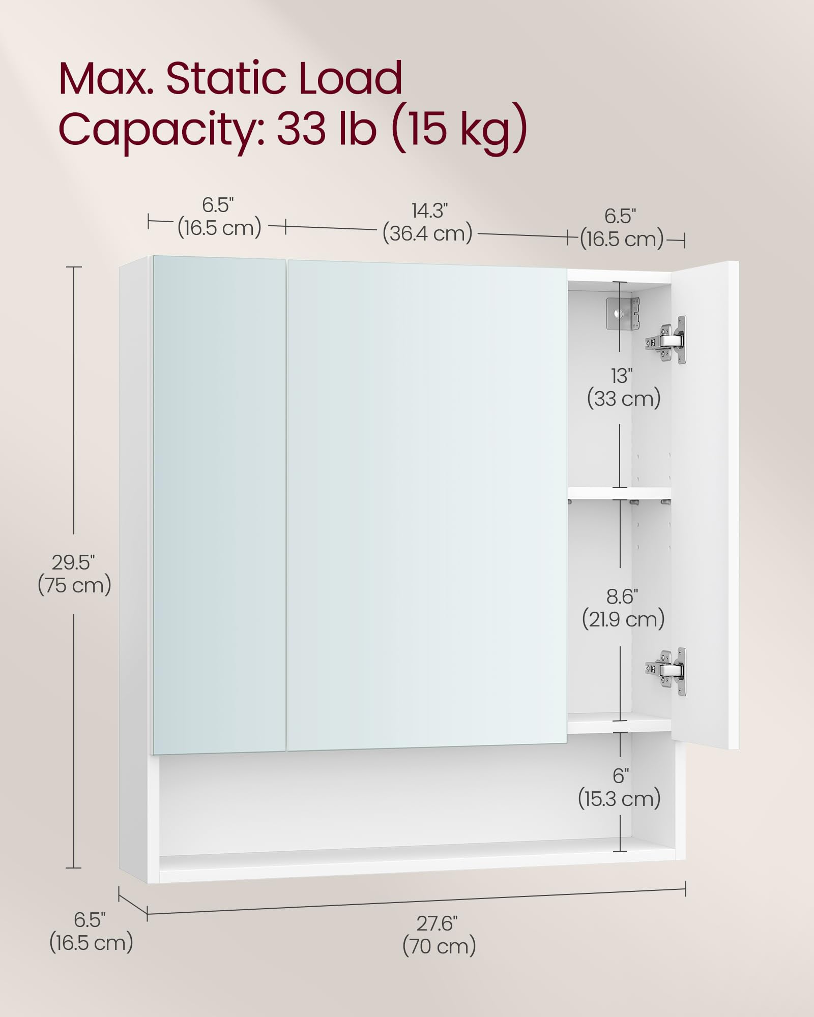 VASAGLE Medicine Cabinet Mirror, Bathroom Mirror with Storage, Bathroom Mirror Cabinet, Wall Mirror Cabinet, Open Compartment, Adjustable Shelves, 6.5 x 27.6 x 29.5 inches, Cloud White UBBK129W01