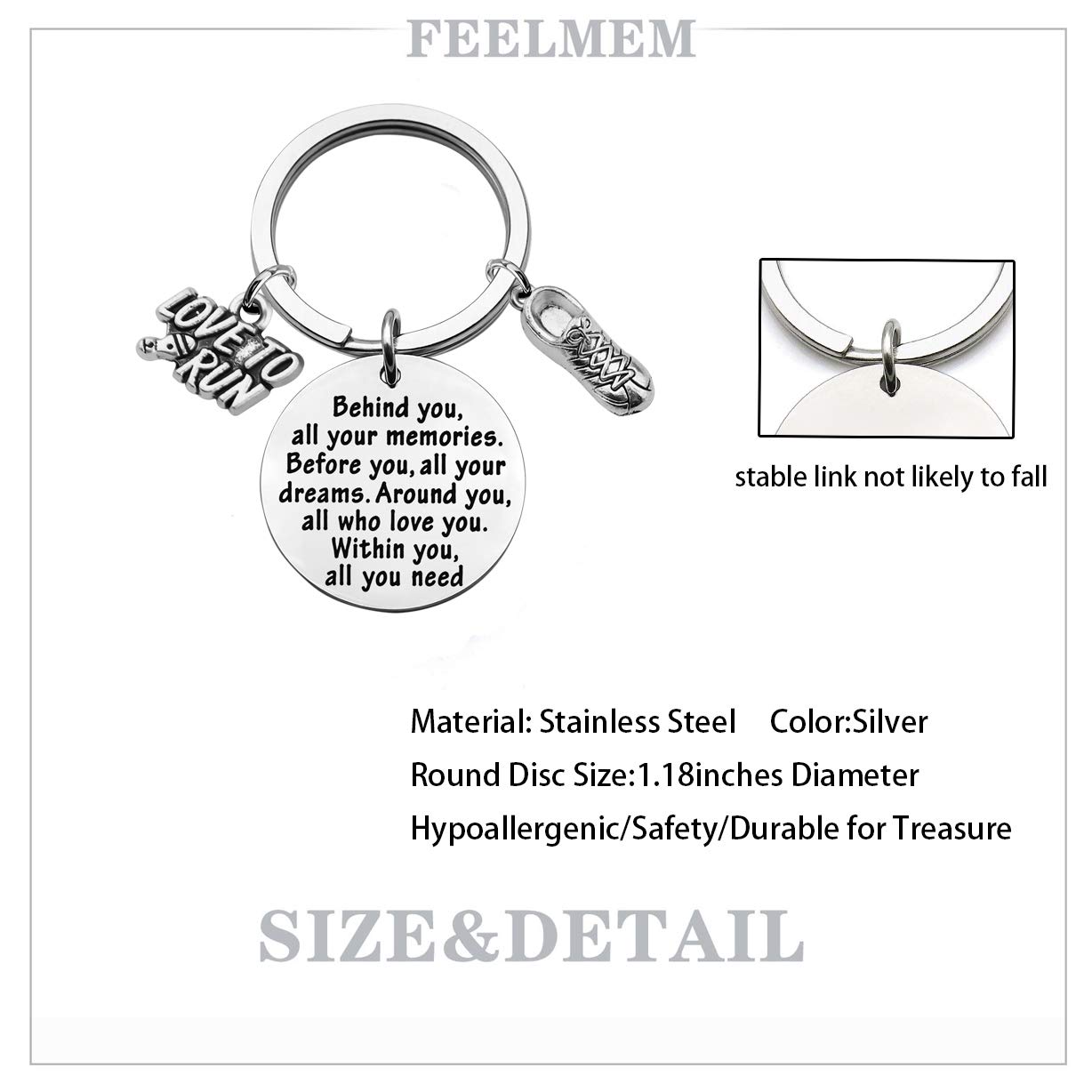 FEELMEM Marathon Runner Gifts Running Keychain Cross Country Track Marathon Jewelry Marathon Running Gift Track Gift(silver)