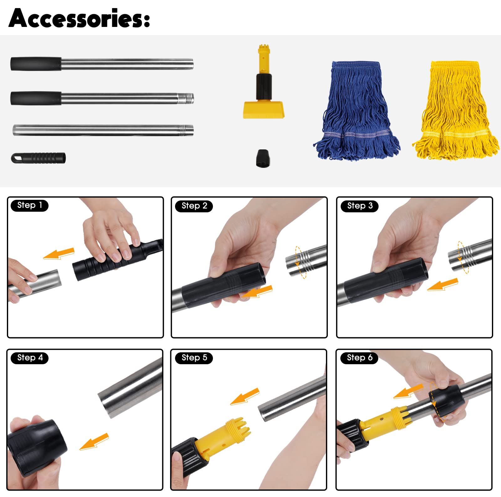Kphico Broom and Dustpan Set with Upgrade 53" Long Handle&Floor Squeegee and Looped-End String Wet Mop with 2 String Mop Heads,for Laminate,Hardwood,Ceramic,Marble Floor Cleaning
