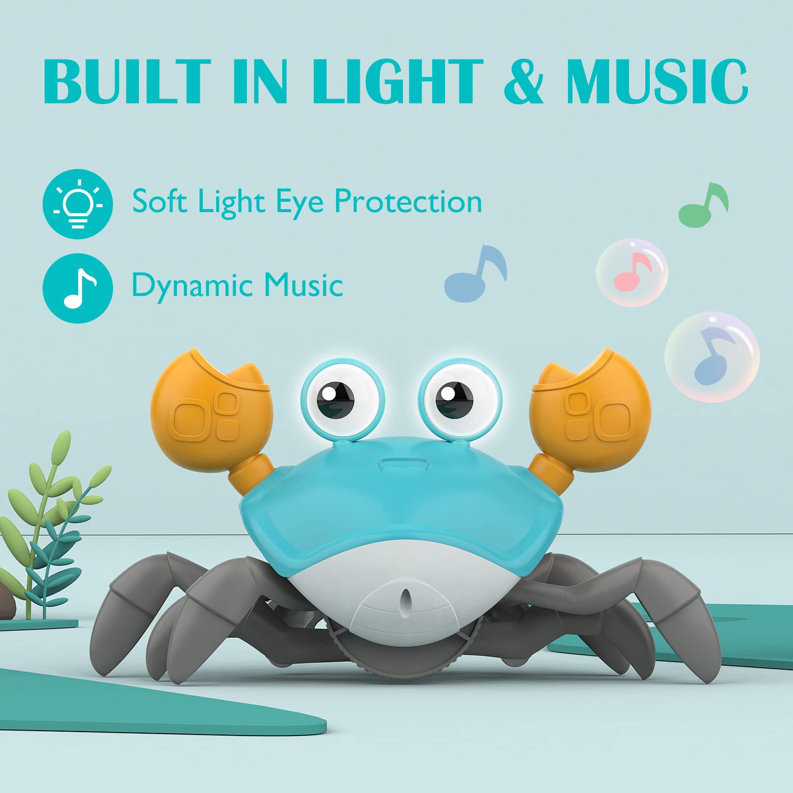 HIMEN Musical Crawling Crab Baby Toy, Rechargeable Walking Crab Toy with LED Light, Automatically Avoid Obstacle, Fun Interactive Development Baby Toys 6 to 12, Gifts for Kids Babies Toddlers