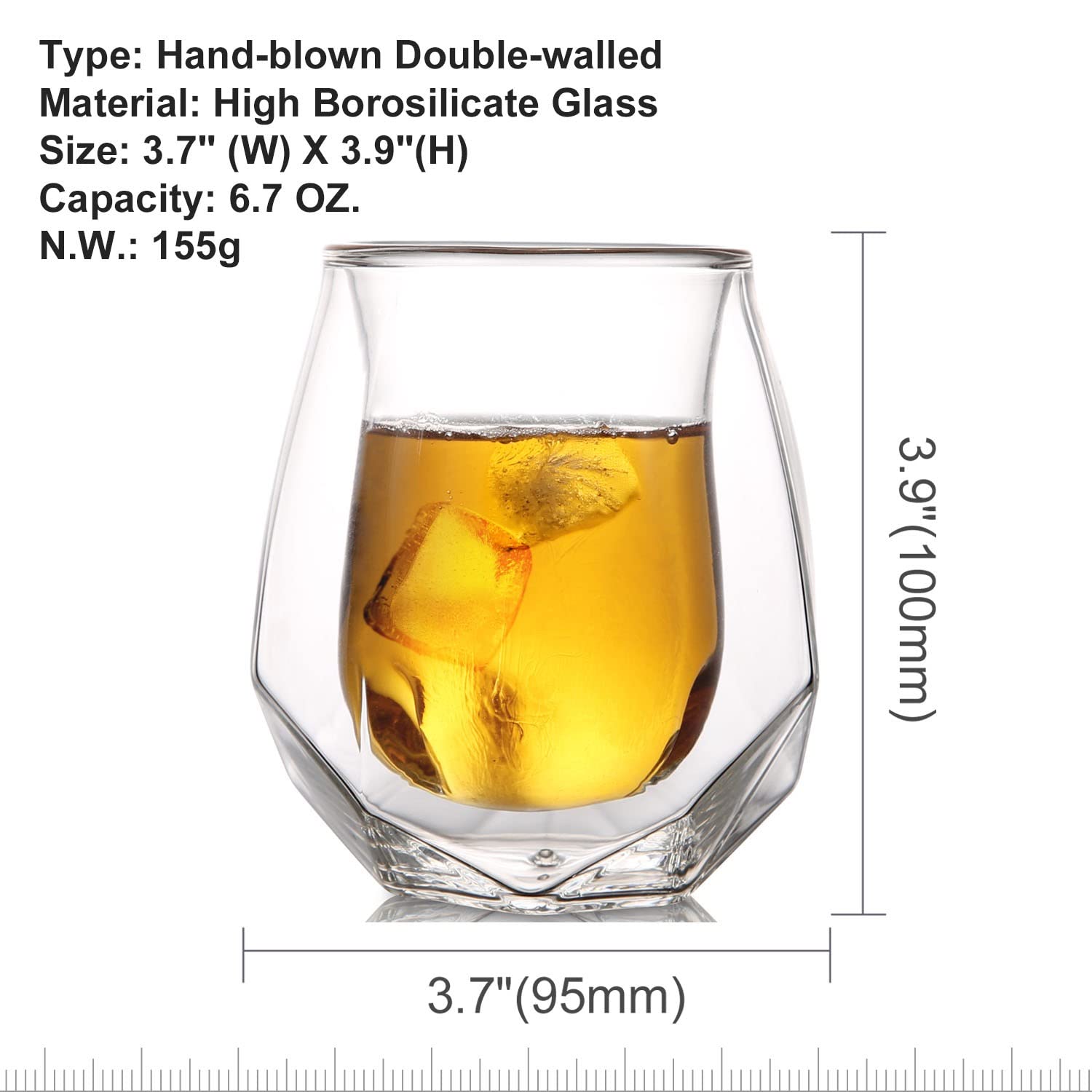 Gootus Whiskey Glass Set of 2 - Scotch Bourbon Glasses for Men, Hand Blown Double Walled Old Fashioned Glass with Premium Gift Box