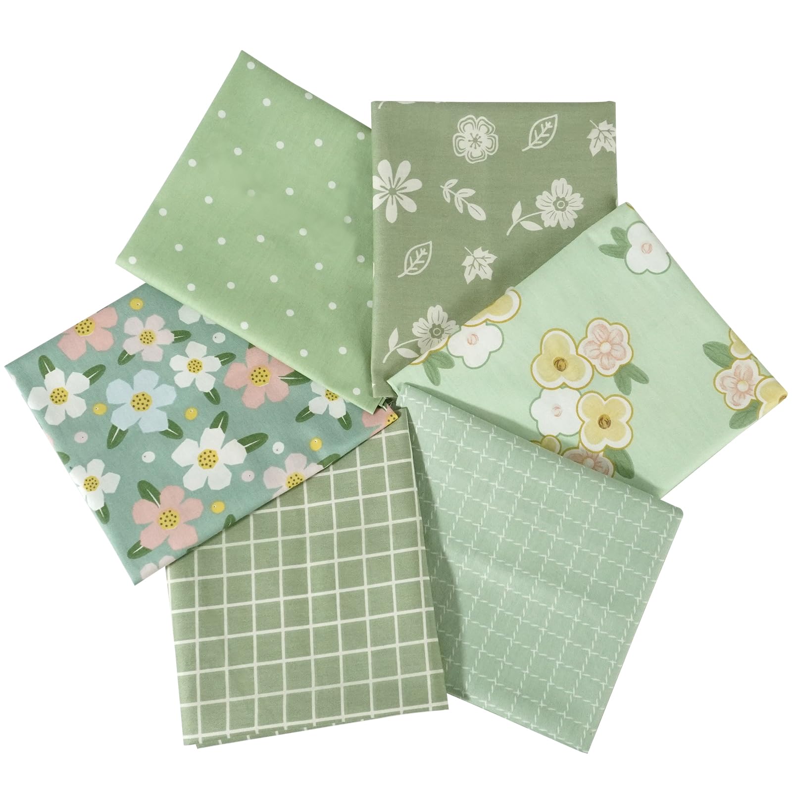 Qililandiy 6pcs Green Fat Quarter Flower Fabric Bundles Quilting Cotton Craft Fabric Pre-Cut Squares Sheets for Patchwork Sewing Quilting and Crafting