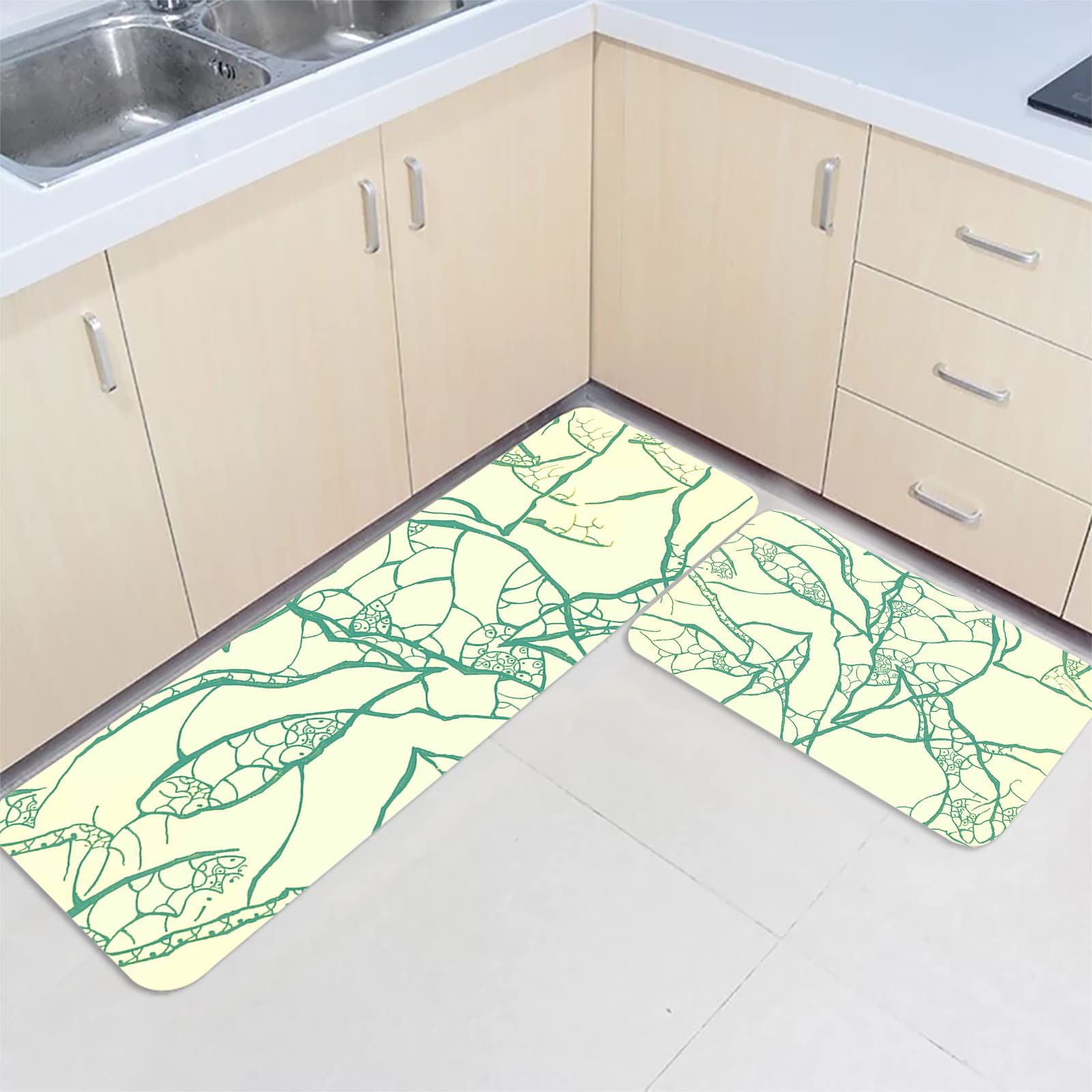 Green Yellow Kitchen Rugs Set of 2 Floor Mats, Abstract Botanical Art Hand Draw Lines Kitchen Rugs and Mats Non Skid, Cushioned Comfort Standing Mats, 24"x36"+24"x71"