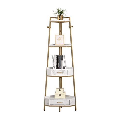 Scoomor Corner Shelf 4 Tier with Drawers, Modern Corner Bookshelf, Free Standing Storage Rack, Plant Stand for Living Room, Home Office, Kitchen, Small Spaces, 72.64ββ Tall (Gold)