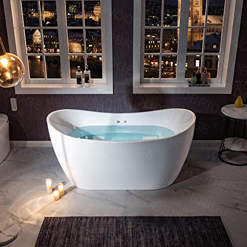 WOODBRIDGE 59" Acrylic Freestanding Bathtub Contemporary Soaking White Tub with Chrome Overflow and Drain,B0016 -C-Drain &O