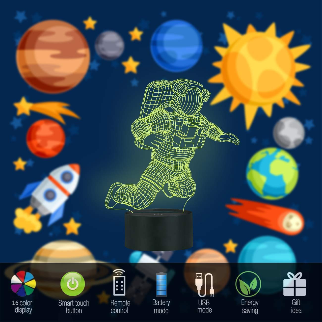 FULLOSUN Outer Space Gifts, 3D Spaceman Astronaut Rocket Alien Night Light for Kids (4 Patterns) with Remote 16 Colors Changing Dimmable Function, Christmas for Science Space Fan Boy Child