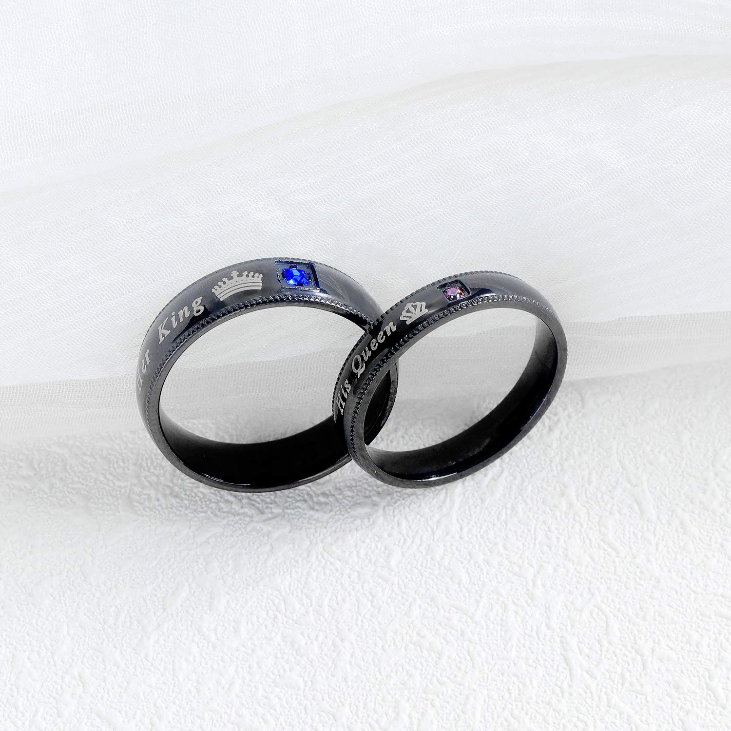 Felicelia 2pcs His Queen Her King Wedding Engagement Band Stainless Steel Black Couple Rings for Him and Her Matching Set