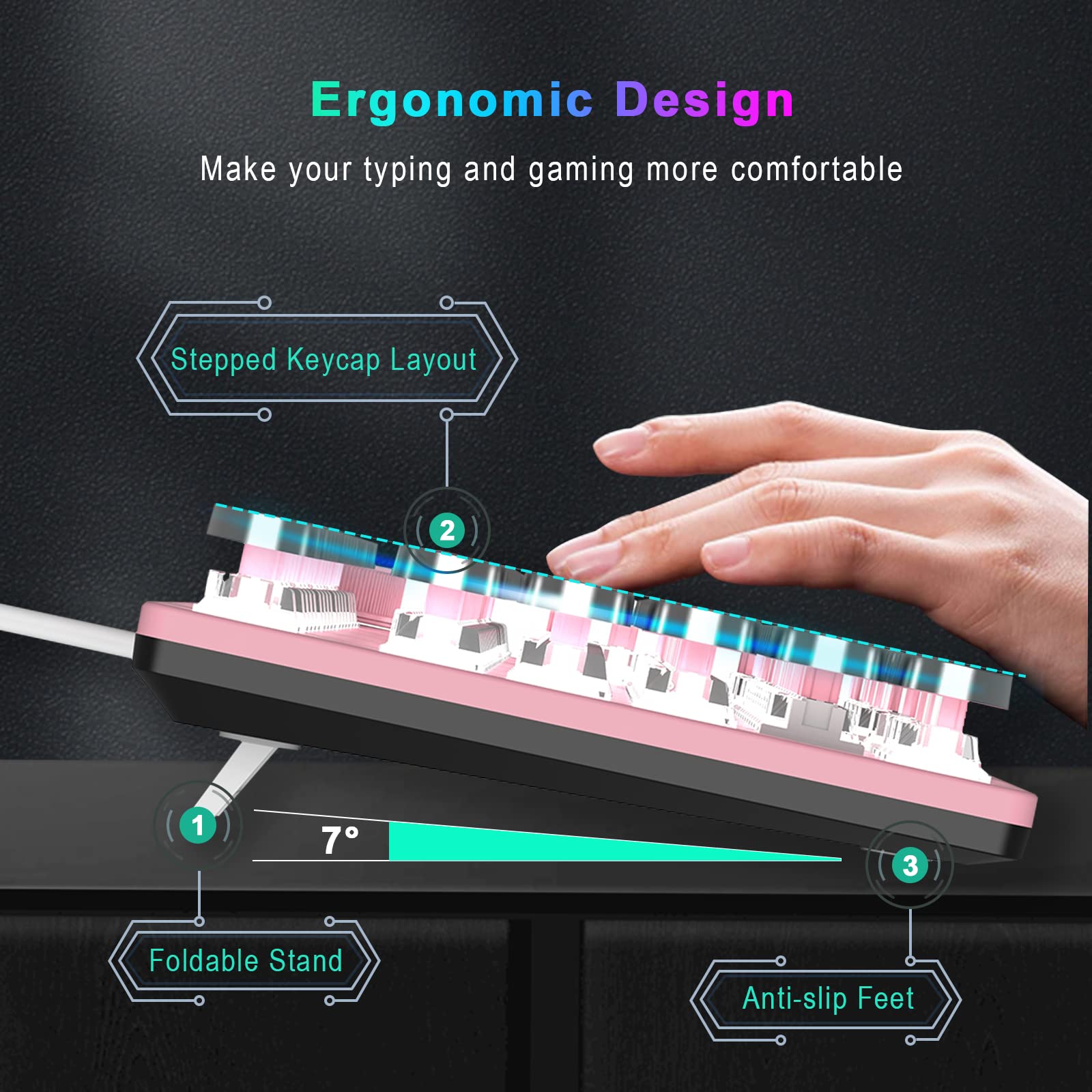FELiCON Typewriter Pink Mechanical Gaming Keyboard and Mouse Combo White Light Retro Punk Round Keycaps Keyboard with 104 Keys Anti-Ghosting Blue Switch RGB Backlit Mouse Mice Pad for Office Work