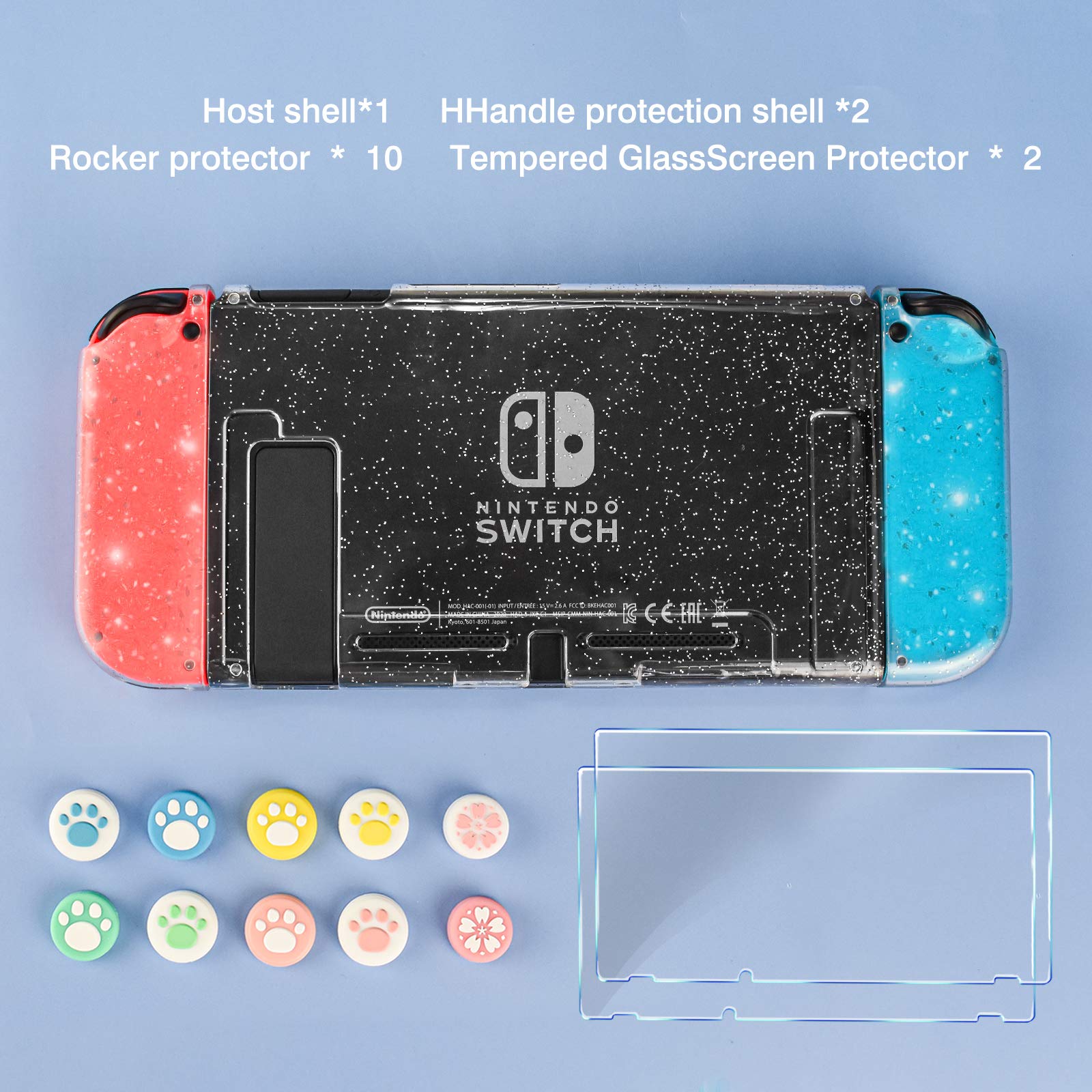 DLseego Crystal Glitter Case Set Design for Switch, Soft TPU Anti-Scratch Clear Protective Cover Shell with 2 Pack Tempered Glass Screen Protectors and 10pcs Colourful Cute Thumb Grip Caps
