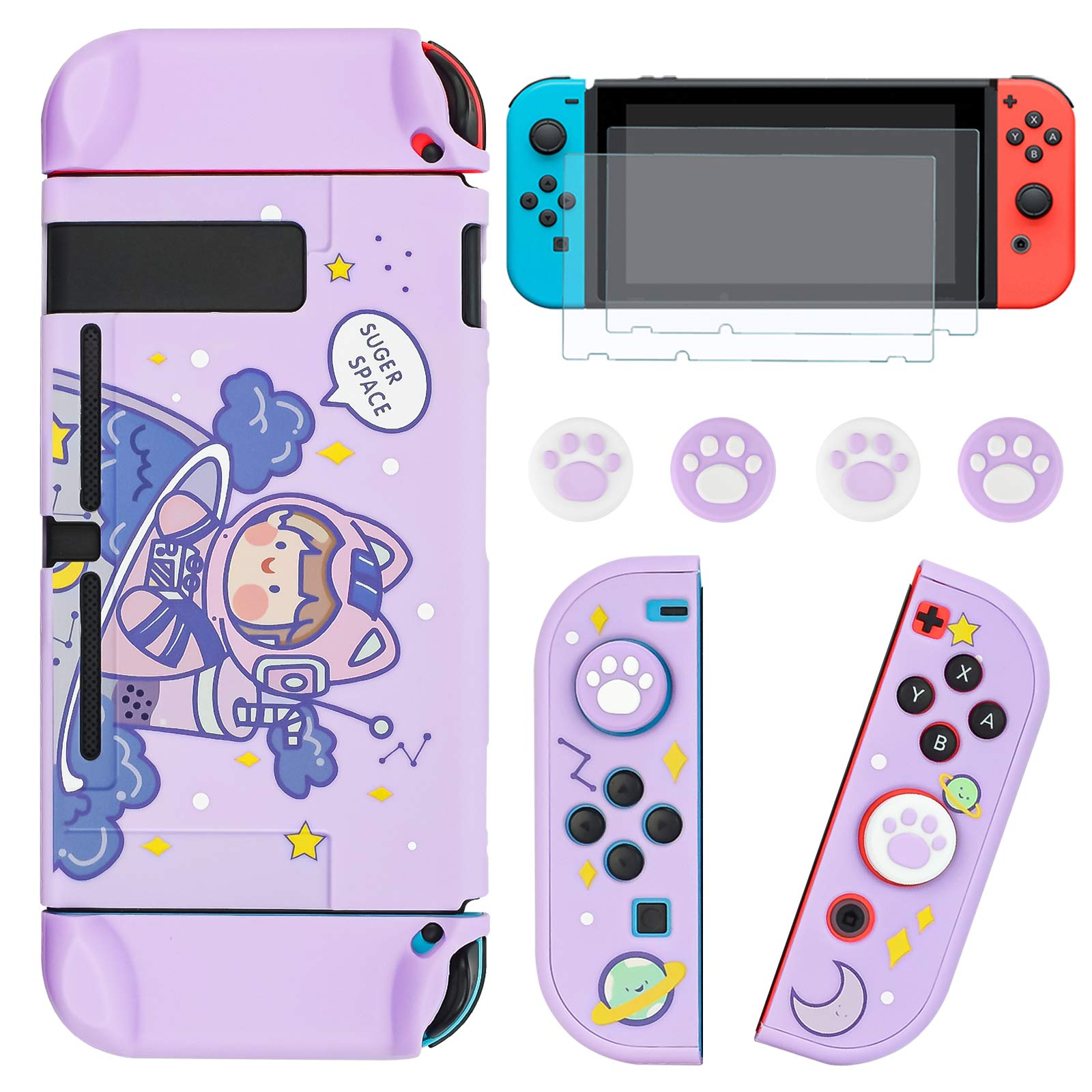DLseego Dockable Protective Case Design for Switch, Newest Pattern Cute Design Hard Cover with 2 pcs Glass Screen Protectors and 4 pcs Thumb Grips - Purple