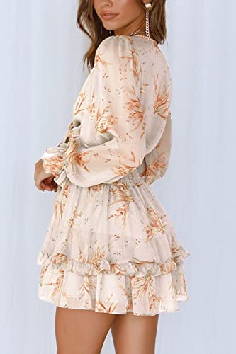 PRETTYGARDEN Women's Short A-Line Flare Dress Knot Front Long Sleeve V Neck Tiered Ruffle Swing Mini Skater Dresses (Apricot Floral,Medium)