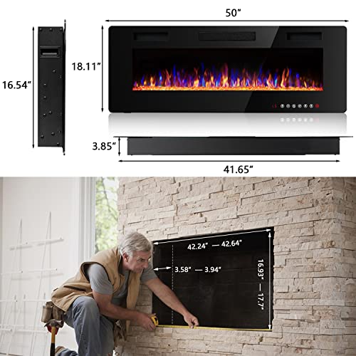 Vitesse 50 inch Ultra-Thin Electric Fireplace in-Wall Recessed and Wall Mounted Fireplace Heater,Linear Fireplace with Multicolor Flame,Timer,Low Noise,750/1500W,Touch Screen & Remote Control(50ββ)