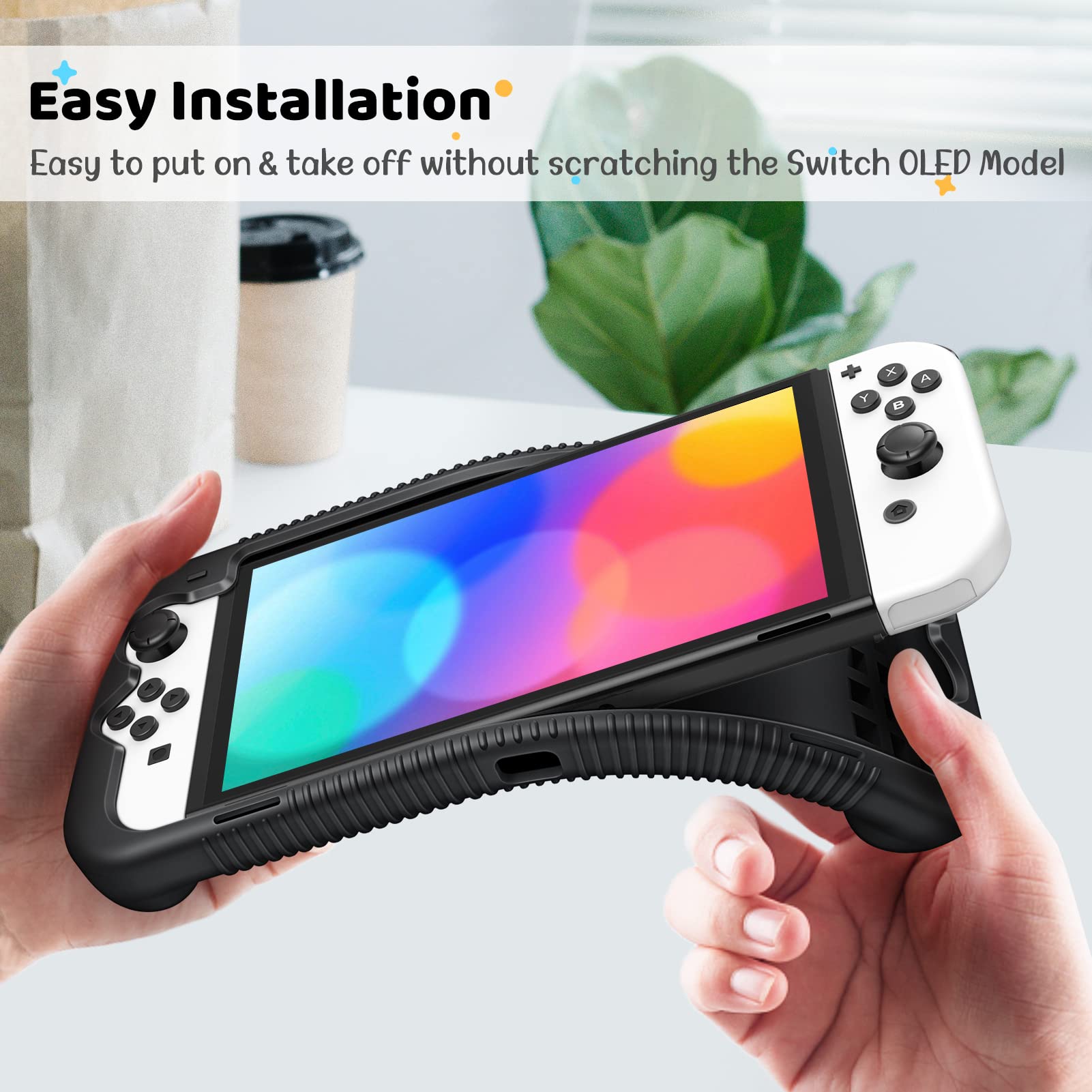 Fintie Case Compatible with Nintendo Switch OLED Model 2021, Soft Silicone Protective Cover, [Anti-Slip] Shockproof Case w/Ergonomic Grip, Grip Case for Switch OLED Console 7.0" (Black)
