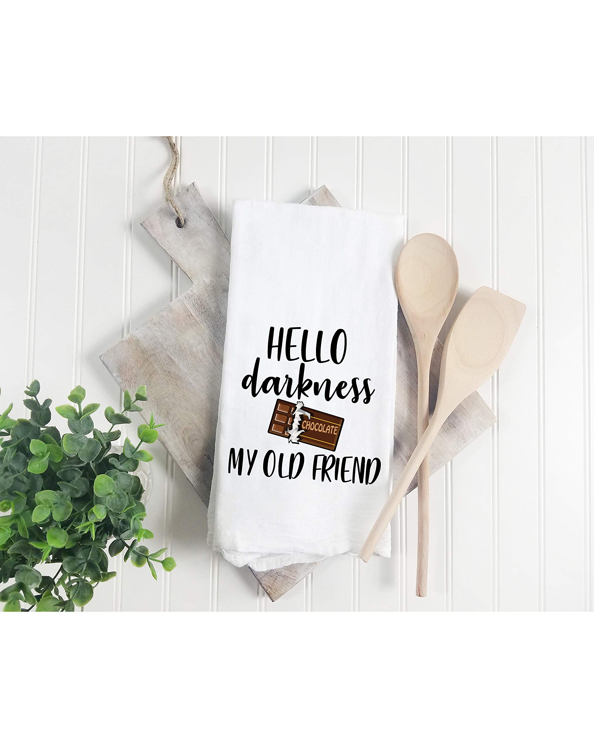Hello Darkness My Old Friend - Dish Towel Kitchen Tea Towel Funny Saying Humorous Flour Sack Towels Great Housewarming Gift 28 inch by 28 inch, 100% Cotton, Multi-Purpose Towel