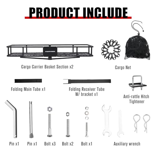 FIERYRED Folding Hitch Mount Cargo Carrier 60" x 20" x 7", 500 LBS Heavy Duty Trailer Hitch Mount Cargo Basket with Net & Hitch Stabilizer, Fit 2" Receiver for SUV, Truck, Car