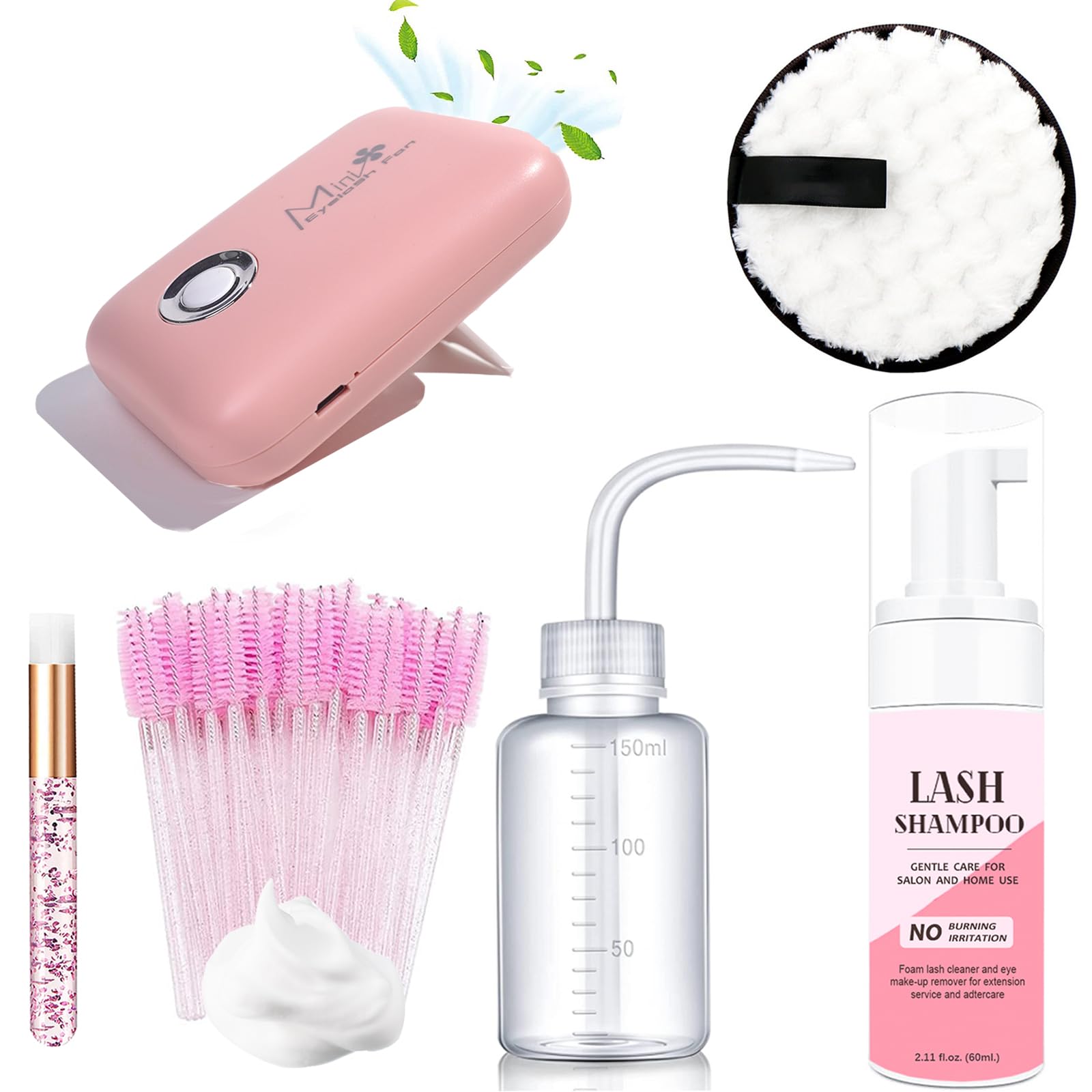Eyelash Extension Cleanser Eyelash Fan, AREMOD 50ml Lash Shampoo for Lash Extensions 50pcs Eyelash Brush Cleaning Brush Makeup Remover Pad and Rinse Bottle for Lash Cleaning for Salon Home Use(pink)