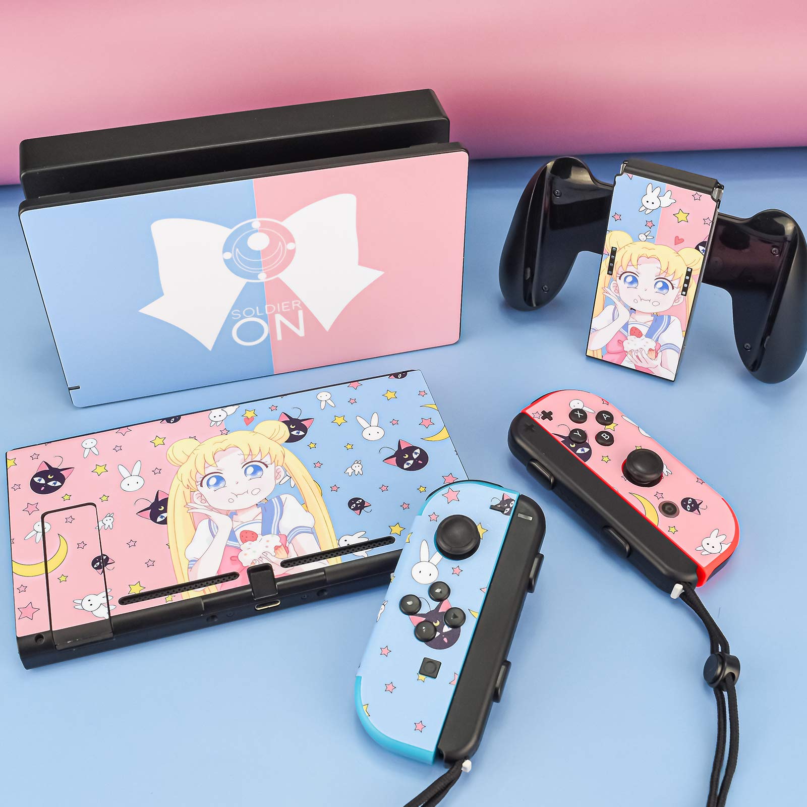 DLseego Switch Skin Sticker Pretty Pattern Full Wrap Skin Protective Film Sticker Design for Switch-Blue and Pink Moon Girl